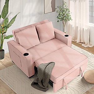 SEJOV 52" Convertible Sofa Bed, 3-in-1 Sleeper Sofa Pull-Out Bed, Multi-Functional Corduroy Futon Couch with Adjustable Backrest and Cup Holders, Loveseat Sofa for Small Space, Living Room, Pink