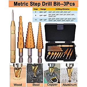 WENHUALI 16Pcs Drill Bit Set with Case, Including Titanium Coated 3Pcs Step Drill Bit, 6Pcs Countersink Drill Bits, 6Pcs High Speed Steel Twist Drill Bits for Metalworking, Woodworking, Hole Drilling