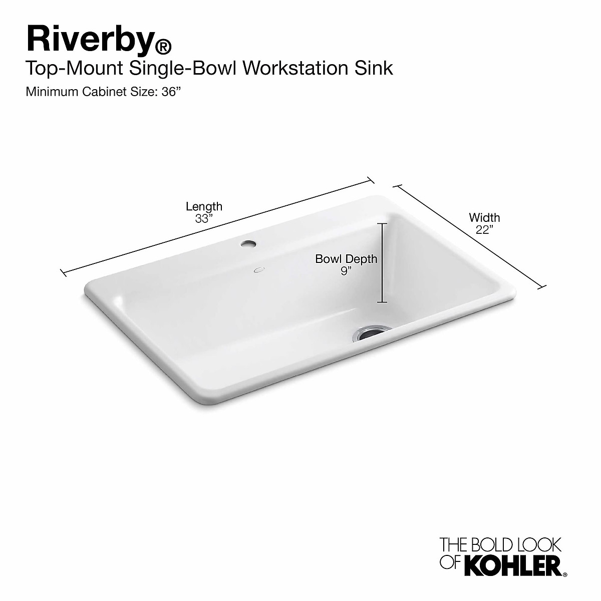 KOHLER 5871-1A2-0 Riverby Top-Mount Single-Bowl Workstation Kitchen Sink with Accessories, 33" L, White