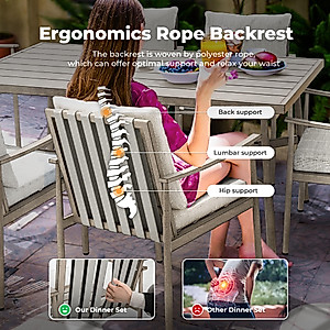 HAPPATIO Aluminum Outdoor Dining Chairs Set - 6 Pieces Aluminum Patio Dining Chairs Outdoor, Cushioned Patio Dining Chair with Rope Design Backrest and Ergonomic Armrest for Porch Backyard Pool, Grey