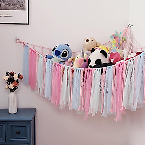 MKO SHUN Stuffed Animal Toys Hammock with LED Light, Stuffed Doll Hanging Corner Holder for Home Storage, Large Hanging Net -Display Teddies for Bedroom, Pink Decor Organizer