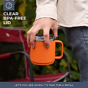 ORCA Camper 16 oz Stainless Steel Insulated Coffee Mug with Handle | Thermos Style Temperature Insulation, Portable Tumbler Cup with a Clear Lid, Home Essentials — Open Season Dark Green Print