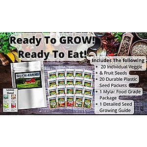 20 Vegetable & Fruit Seeds for Planting Your Outdoor & Indoor Home Seed Garden, Survival Gear Kit Includes 3200 Seeds, A Growing Guide & Mylar Package Gardening Heirloom Non-GMO Veggie Seed B&KM Farm
