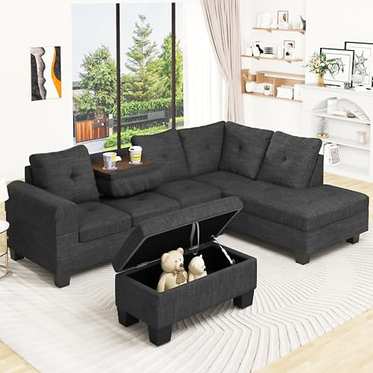 AWQM Modular Sectional Sofa with Ottoman, Fabric L-Shaped Couch with Chaise & Cup Holders, Living Room Furniture Sets Sectional Sofa Set, 6 Seat Corner Couch Sofa for Living Room, Apartment