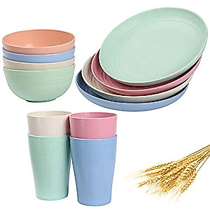 Kids Wheat Straw Dinnerware Sets, Microwave Safe Wheat Straw Plates and Bowls Sets 12pcs Unbreakable Dishwasher Eco Friendly Colourful