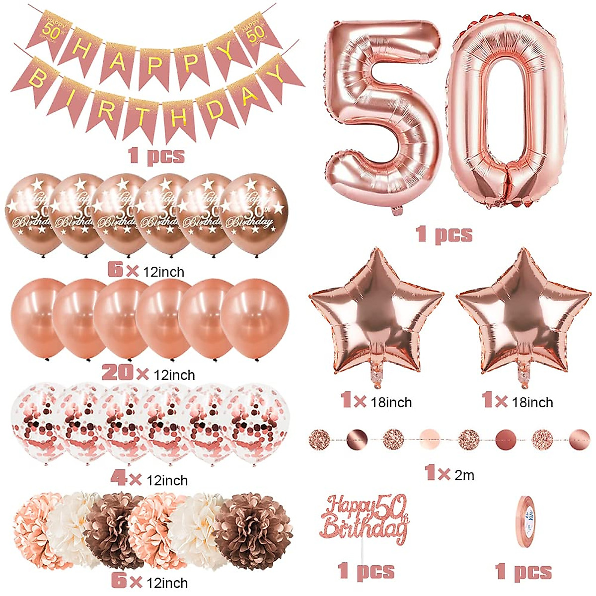 50th Birthday Decorations for Women, Rose Gold Party Supplies Balloon Garland Arch Kit with Happy Birthday Banner Tassels Confetti Balloon Number 50 Birthday Wedding Anniversary for Her
