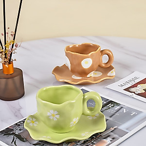 Koythin Ceramic Coffee Mug with Saucer Set, Cute Creative Daisy Cup Saucer for Office and Home, Dishwasher and Microwave Safe, 6.5 oz/200 ml for Latte Tea Milk (Green)