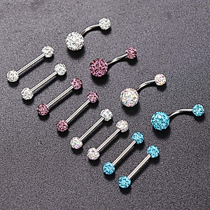 ORAZIO 14G Nipplerings Nipple Tongue Belly Button Rings Stainless Steel Rhinestone Crystal Disco Ball Barbell Body Piercing Jewelry