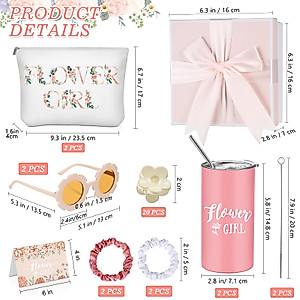 Sieral 16 Pcs Flower Girl Gift Flower Girl Tumbler with Straw Bridesmaid Gifts Flower Girl Proposal Box Bow Canvas Bag Sunglasses Hair Scrunchies Hair Clips Proposal Card for Wedding Birthday Party