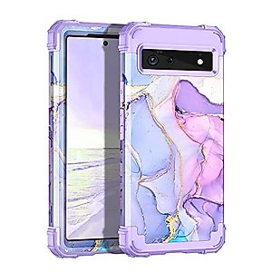 Hekodonk for Google Pixel 6 Case,Heavy Duty Shockproof Protection Hard Plastic+Silicone Rubber Hybrid 3 in 1 Drop Protective Case for Google Pixel 6 Purple Marble