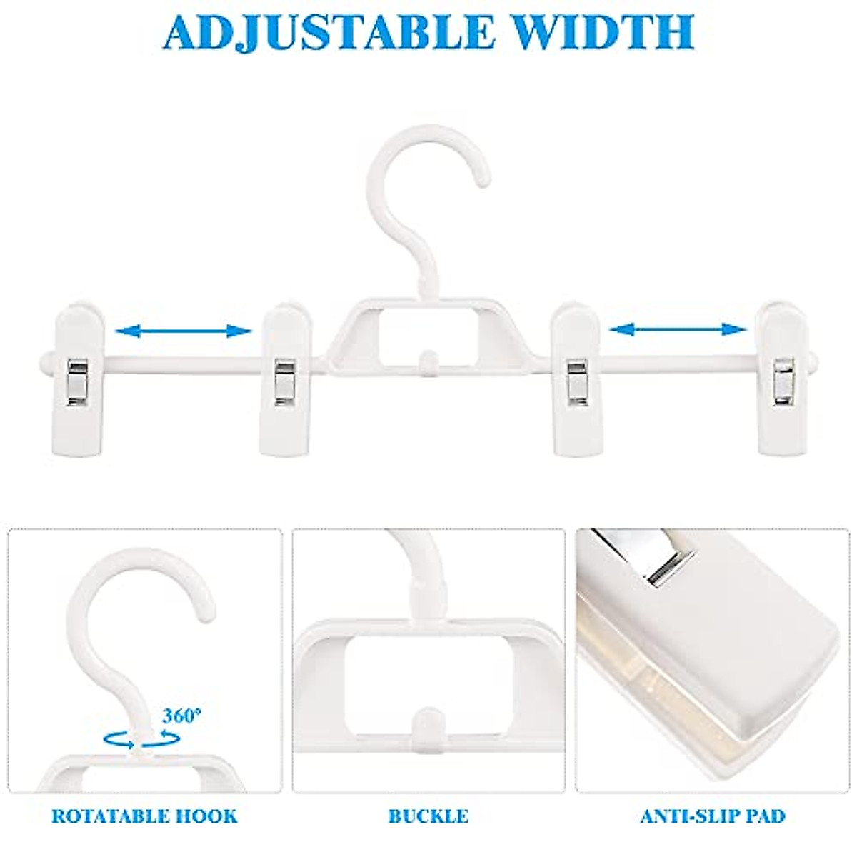 DOITOOL Skirt Hangers with Clips and Strap Hooks, 10Pc Adjustable Space Saving Pants Hanger, Plastic Kids Coat Clothes Garment Top Clip Hangers for Closet Organizer, 360-Rotating Swivel Hook (White)