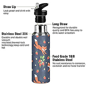 xigua Fox Sport Water Bottle with Straw Lid Double Wall Vacuum Insulated Flask Stainless Steel Water Bottle 20 oz