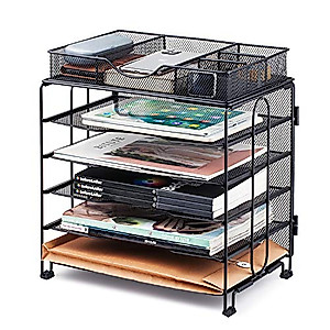 KEEGH Desk Paper Organizer File Tray, 5 Tier Desktop File Organizer Paper Storage Holder with Extra Drawer, Office Desk Organizers and Accessories for Letter/A4 | Screws Free Design