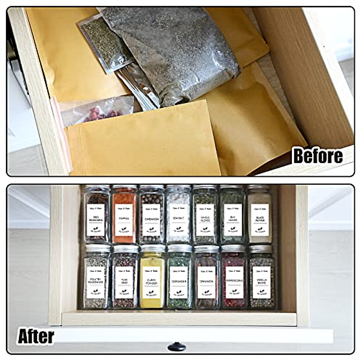 CUCUMI 18 Pcs Spice Jars with Labels, 4oz Empty Square Spice Bottles with Shaker Lids, Airtight Metal Caps, Collapsible Funnel, Chalk Pen, Seasoning Containers for Spice Rack, Drawer, Cabinet