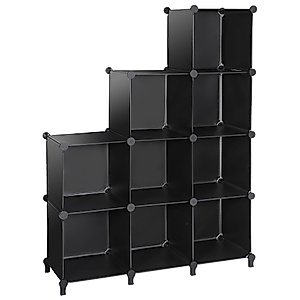 SUPER DEAL 9 Cube Storage Organizer DIY Plastic Stackable Shelves Modular Bookshelf with Wooden Mallet and Feet for Home Bedroom, Living Room, Bathroom, Office, Black