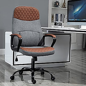 Vinsetto High Back Office Chair with 2-Point Lumbar Massage, USB Power, Faux Leather, and Linen Fabric, Brown and Grey