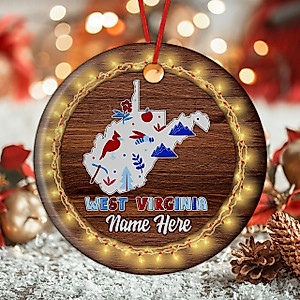 Prezzy Personalized West Virginia Christmas Ornaments Travel Souvenir Gift for Men Women Family Hanging Xmas Tree Decorations for Home Decor West Virginia Gifts Circle Ceramic Ornament 3'' Keepsake