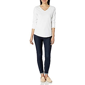 Amazon Essentials Women's Classic-Fit 100% Cotton Long-Sleeve V-Neck T-Shirt, White, Large