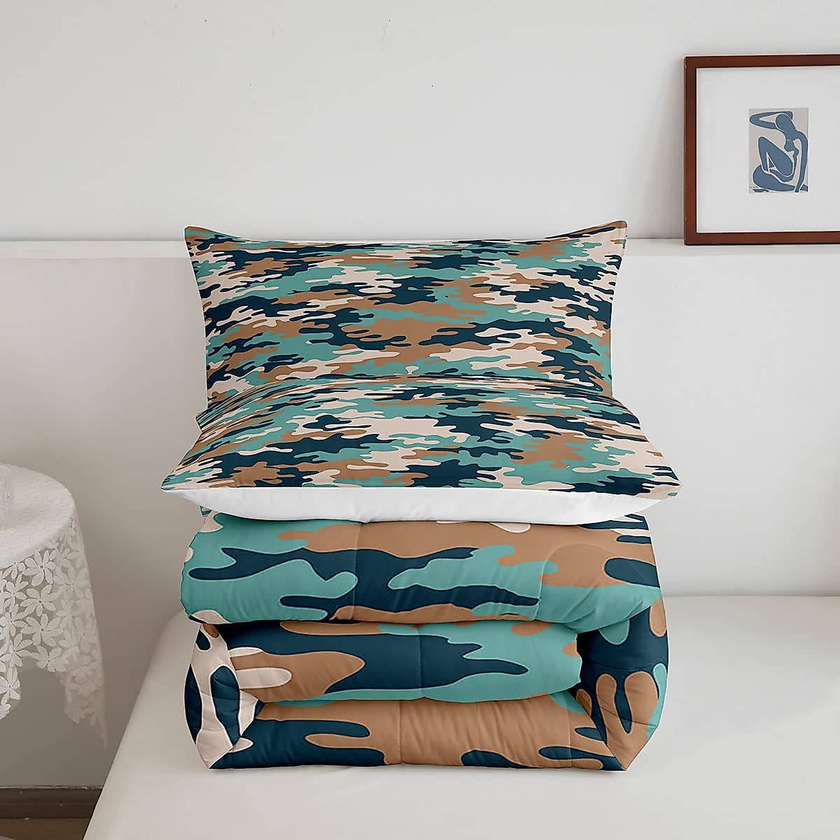 Camouflage Comforter Set Youth Army Camo Bedding Set for Kids Boys Girls 3D Military Art Comforter Teal Blue Brown Decor Quilt Set Room 3Pcs Queen Size