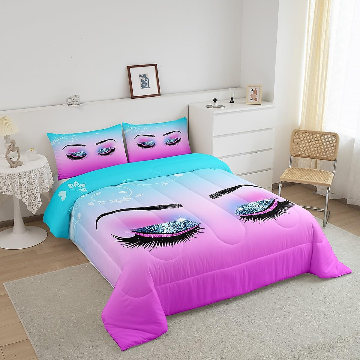 Eyelash Comforter Set Twin for Girls Women Glitter Sparkle Eyelashes Bed Comforter Set Cute Princess Style Bedding with 1 Pillowcase, Eyelashes Beauty Makeup Quilt Romance Room Decor(Pink Blue)