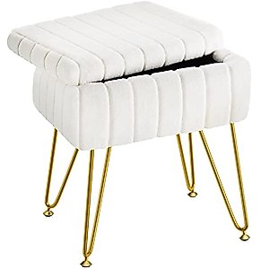 Greenstell Vanity Stool Chair Faux Fur with Storage, 15.7"L x 11.8"W x 19.4"H Soft Ottoman 4 Metal Legs with Anti-Slip Feet, Furry Padded Seat, Modern Multifunctional Chairs for Makeup, Bedroom White