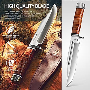 ZhengSheng 6.7 inches Fixed Blade Hunting Knife Genuine Leather Handle Bowie Knife with Leather Sheath Straight Edge Knife for Camping, Hiking, Survival