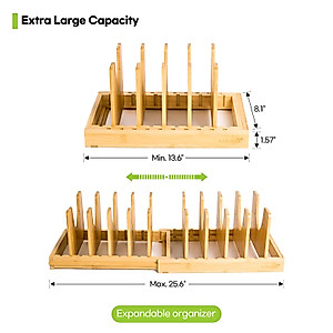 Pots and Pans Organizer under Cabinet, Bamboo Expandable Bakeware and Cutting Board Organizers, Adjustable Pot Lids Holder Rack, Cookie Sheet Baking Pan, Tray Organizer for Kitchen Storage (Natural)