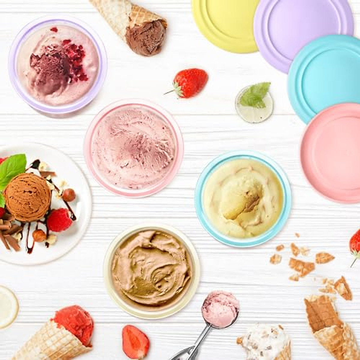 FIRJOY 16 oz. Containers | Extra Replacement Pints and Lids - Compatible with Ninja Creami NC301 NC300 NC299AMZ Series ONLY (4 Pack - Purple, Pink, Green, Yellow)