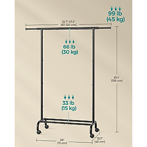 SONGMICS Clothes Rack, Clothing Rack for Hanging Clothes with Wheels, Garment Rack with Extendable Hanging Rail, 99 lb Total Max. Load, 15.7” x 32.7”-47.2” x 61.4”, Ink Black UHSR134B01