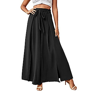LYANER Women's Tie Front High Waist Side Split Slit Flowy Wide Leg Pleated Pant with Belt Solid Black XX-Large