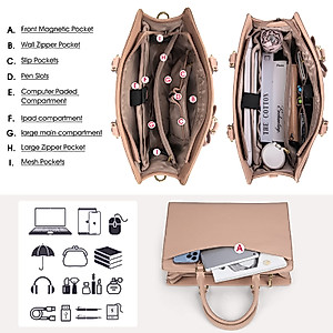 RAINSMORE Laptop Bag for Women 15.6 Inch PU Tote Bag Business Office Work Bag Waterproof Briefcase Computer Tote Lightweight Handbag Shoulder, Khaki