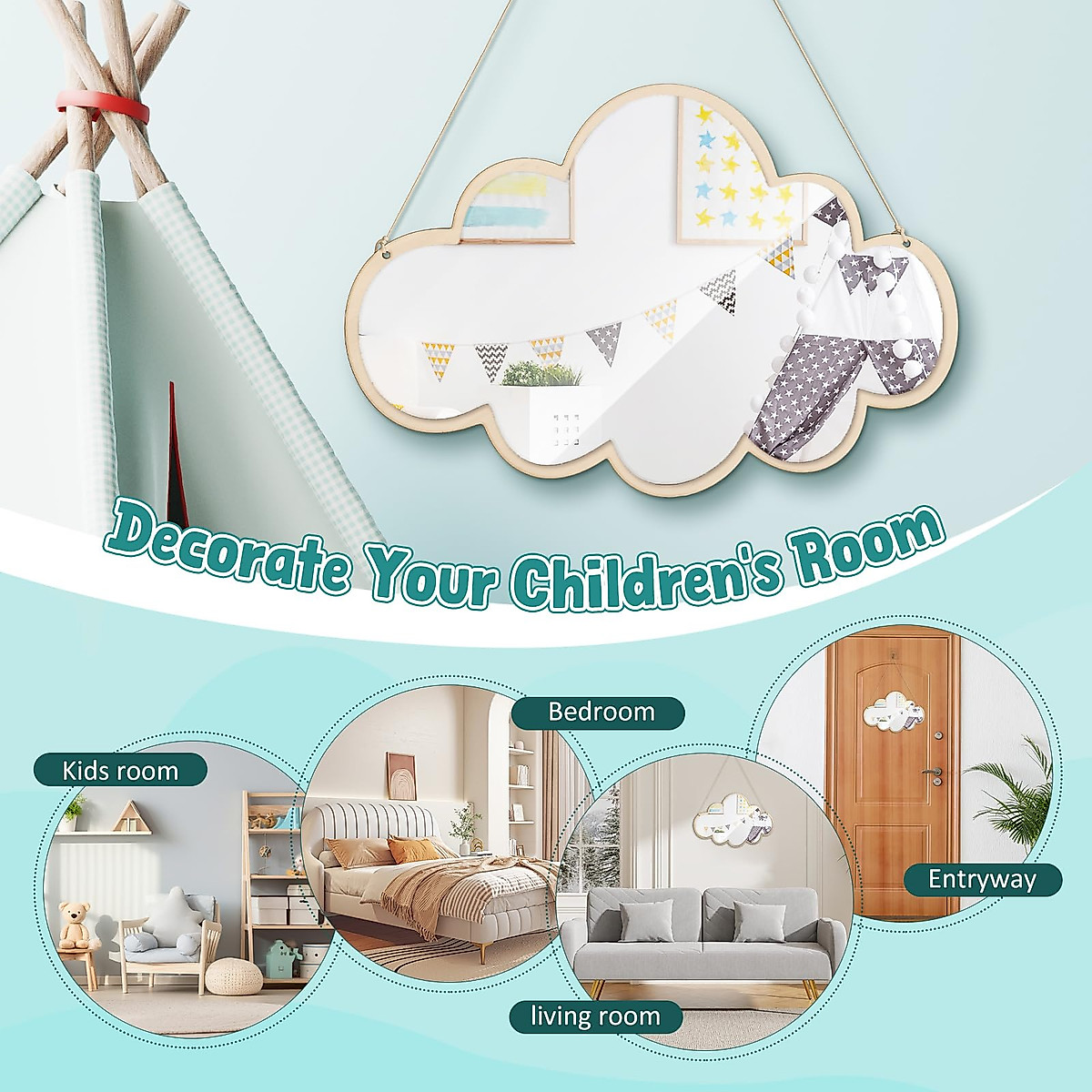 Mirror Cloud Wooden Mirror Cartoon Safety Shatterproof Mirror Wall Sticker Nordic Bedroom Nursery Decoration Mirror