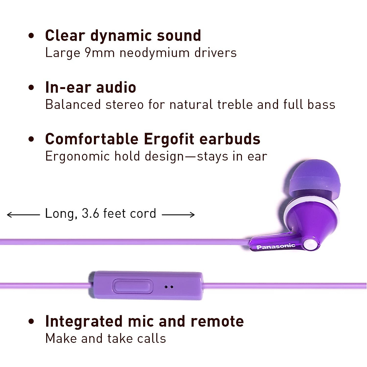 Panasonic ErgoFit Wired Earbuds, In-Ear Headphones with Microphone and Call Controller, Ergonomic Custom-Fit Earpieces (S/M/L), 3.5mm Jack for Phones and Laptops - RP-TCM125-V (Purple)