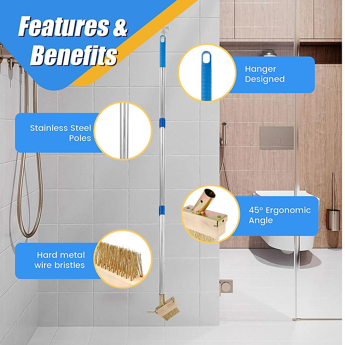 Cleaning Paving Joints,Cleaner Moss Remover Brush with Scraper Patio Weed Brush Head for Outdoor Weed Remover Tool Removable 2 in 1 Weed Remover Brush 4-Section Handle Crack Weeder (B)