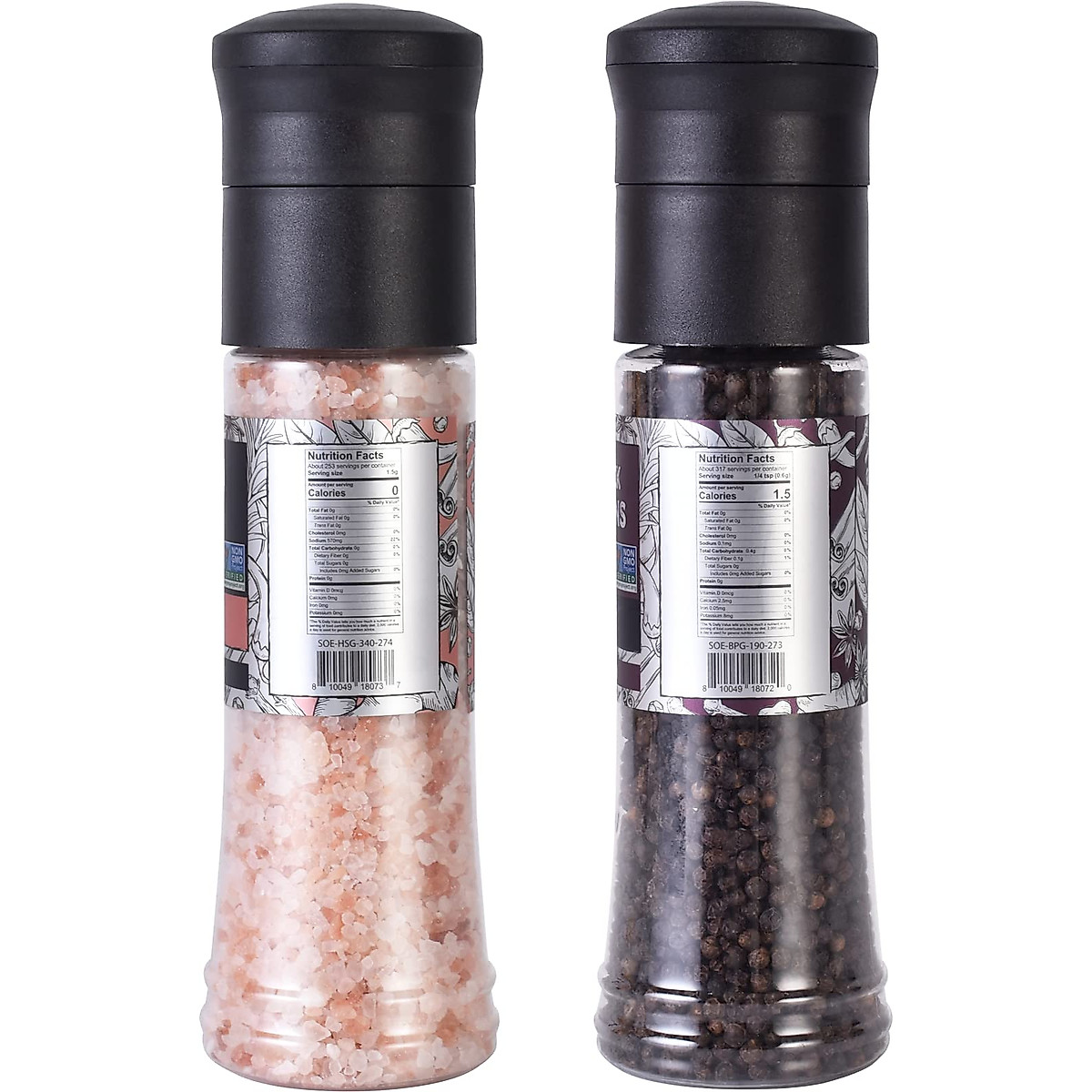 Soeos Whole Black Peppercorns, 6.7oz (190g) and Himalayan Pink Salt, 13.4oz (380g), Plastic Bottle Grinder with Spice Grinder with Salt and Pepper Shaker, Salt and Pepper Set.