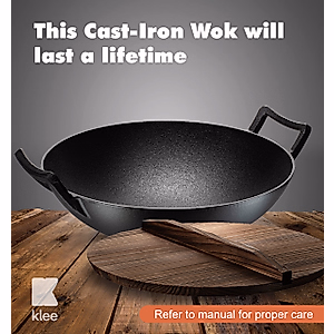 Klee Pre-Seasoned Cast Iron Wok Pan with Wood Wok Lid and Handles - 14" Large Wok Pan with Flat Base and Non-Stick Surface for Deep Frying, Stir-Frying, Grilling, Steaming - Stovetop and Oven Safe