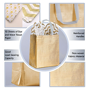 Offizon 6 Pack Medium Golden Grocery Bags, 8x4x10 Inches Reusable Gift Bags with Gold Tissue Paper, Water-proof Shopping Bags, Foldable Bags for Celebrations and Weddings (20x10x25cm)