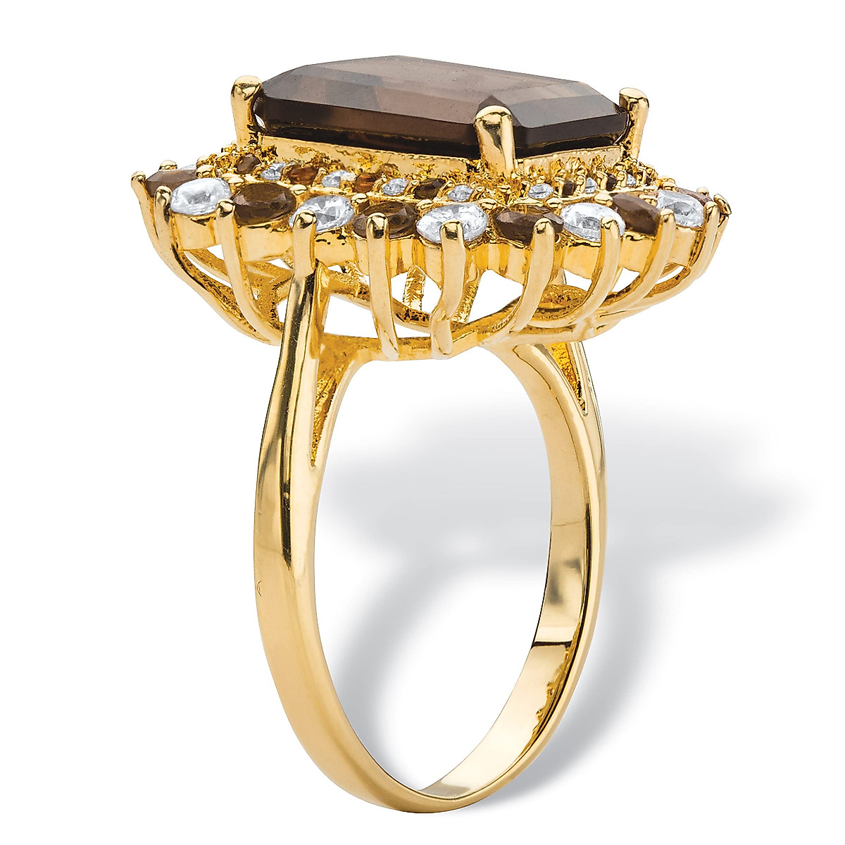 PalmBeach Yellow Gold-Plated Emerald Cut Genuine Smoky Topaz, Mystic Fire Purple or Blue Glass and Cubic Zirconia Ring Size 7