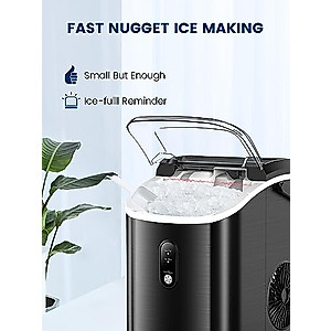 Kndko Nugget Ice Maker with Handle,33lbs/Day, Produce a Basket in 1.5 Hour, Self-Cleaning, One-Click Design, Compact Ice Maker Nugget with Chewy Ice for Home Bar Party,Black
