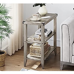 IDEALHOUSE Farmhouse End Table Rustic Side Table with Storage Shelf for Small Spaces Grey Bedside Table Narrow Nightstand for Living Room, Bedroom (Grey, 1PC)