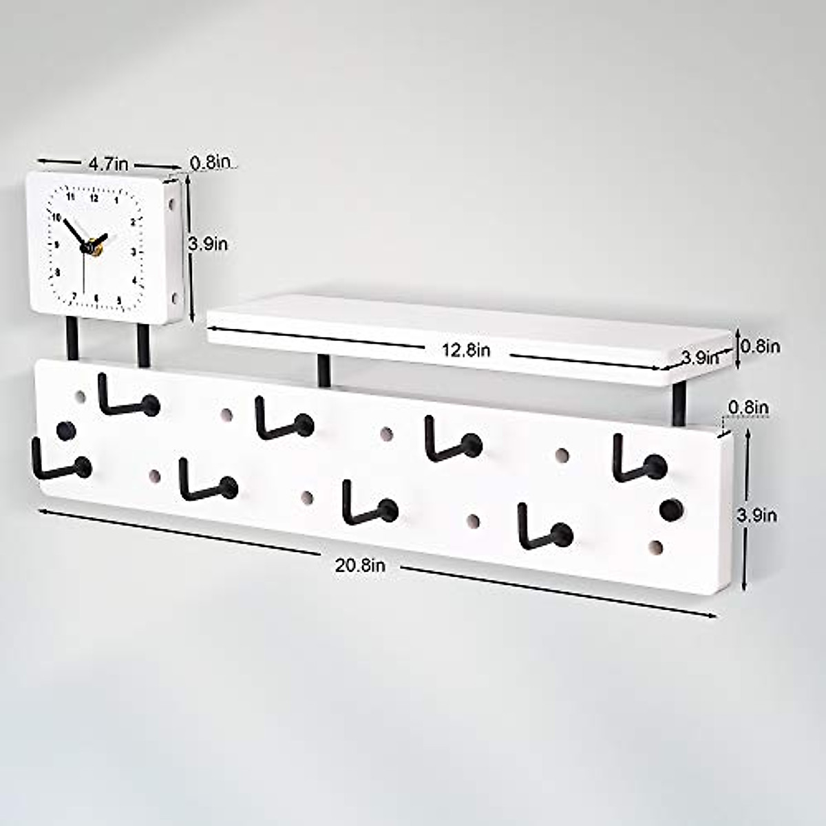 Entryway Coat Hooks with Shelf and Clock, Wall-Mounted Hanging Rack, Hallway/Living Room/Bedroom Organize and Decor Display Hook Rack. Bamboo Wood Body with 8 Metal Hooks, White Colour