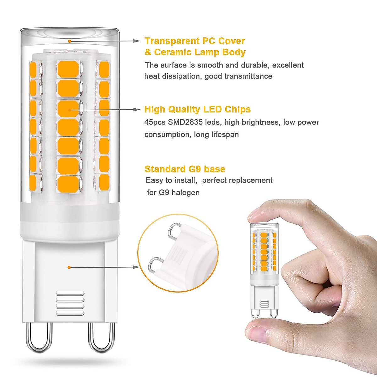 YUIIP G9 LED Light Bulb 4W Equivalent 40W Halogen Bulbs, G9 Base, Warm White 3000K, 400LM Lamp, AC 120V CRI 83 for Home Lighting, Ceiling Fan, Chandelier, Non Dimmable (6 Pack)