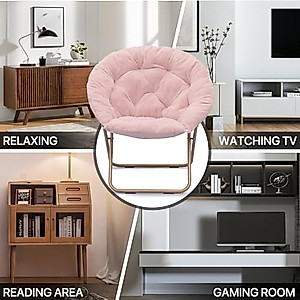 MoNiBloom Round Folding Faux Fur Saucer Chair for Bedroom Living Room Dorm Foldable Metal Frame Oversized Large Comfy Furry Padded Soft Cozy Moon Chair with Footrest Ottoman for Adults (Pink)
