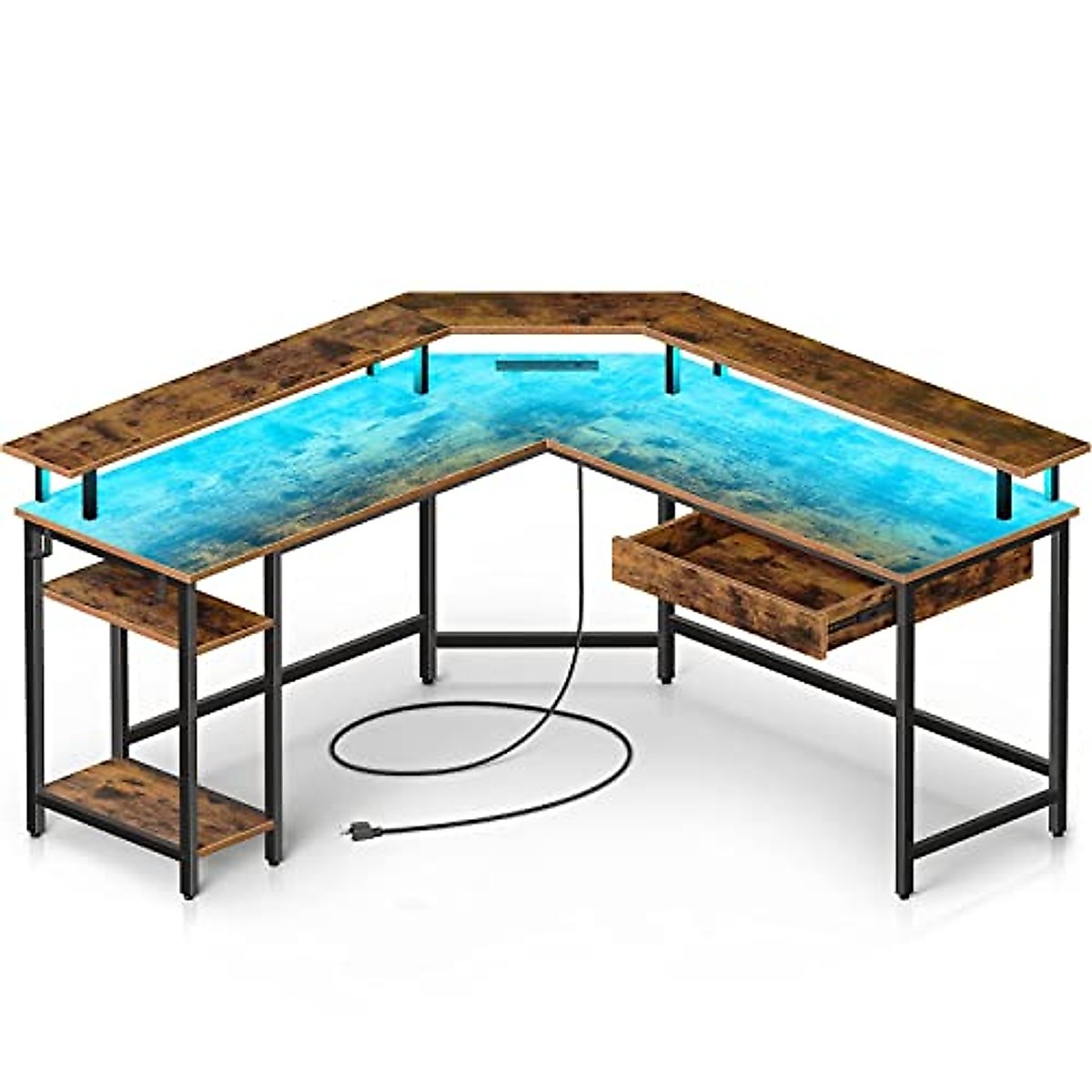 Rolanstar L Shaped Gaming Desk with Drawer, 55.1" Reversible Computer Desk with Power Outlets & LED Lights, Home Office Desk with Monitor Stand & Storage Shelf, Desk with Hooks Rustic Brown