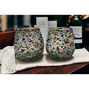 Mexican Confetti Rock Wine Glasses - Set of 2 | Hand Blown 18oz Stemless Glassware