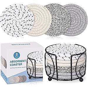 Belphust Coasters for Drinks of 8 Pcs,Absorbent Drink Coaster with Holder,4 Colors Cute Cotton Woven Coaster Set for Coffee Table Tabletop Protection,Suitable for Kinds of Cups,Home Decor,4.5inches