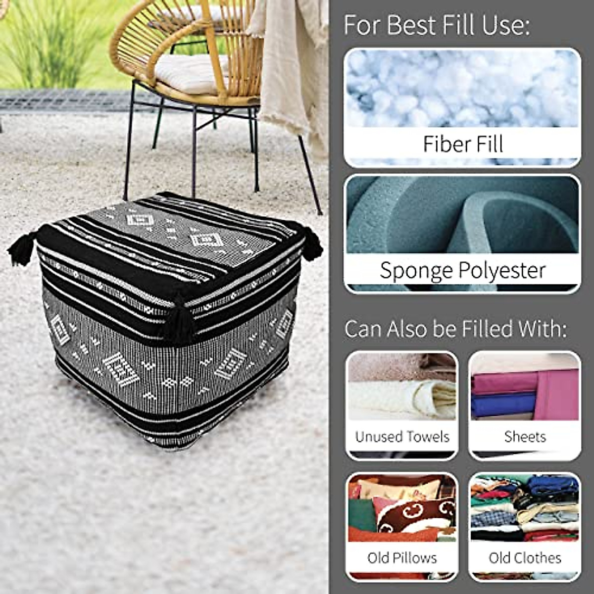 LEGACI Terrace Pouf Ottoman Outdoor Stuffable Footrest Cushion Ottoman Pouf Cover Unstuffed Storage Pouf with Multiple Filling Options Stuffable Ottoman Black and White Pouf Ottoman 18"x18"x16"