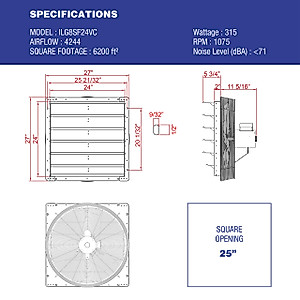 iLiving 24" Shutter Exhaust Fan with Wireless Smart Remote Controlled Thermostat and Humidity, Variable Speed Wall Mounted Attic Vent Fan, Chicken Coop Ventilation, 4244 CFM, 6200 SQF Coverage Area