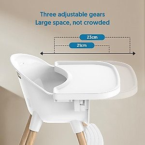 Bellababy Baby High Chair, Classic Wooden Baby High Chair for Babies & Toddlers, 5-Point Harness, Removable Tray, Ergonomic Seat Back, Easy to Assemble and Clean, Lightweight, White