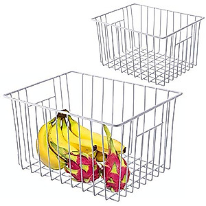 SANNO Freezer Baskests Organizer Bins, Freezer Wire Storage Basket Refrigerator Storage Baskets Bins Organizer with Built-in Handles for Cabinets, Pantry, Closets, Bedrooms - Set of 2